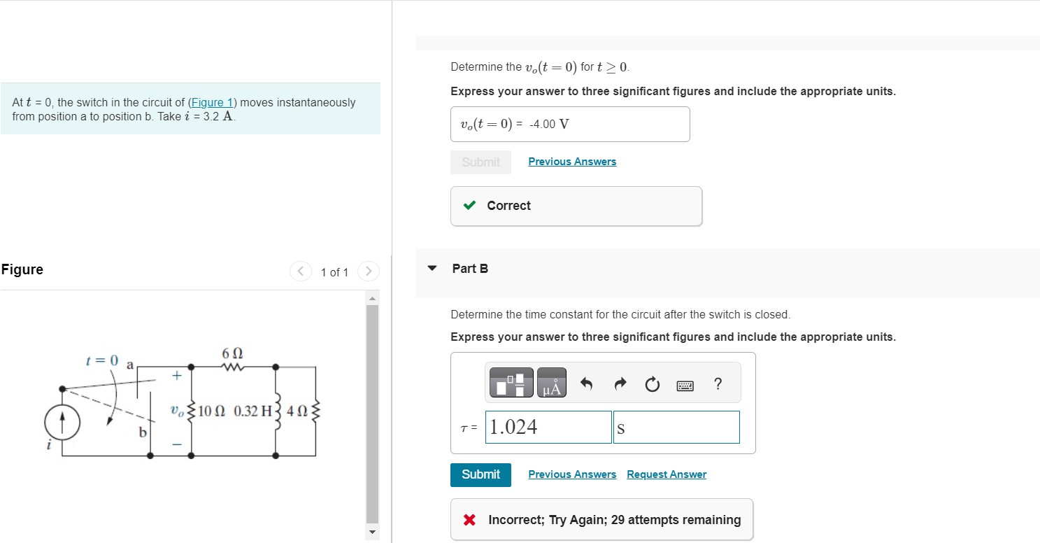 Solved At t=0, ﻿the switch in the circuit of (Figure 1) | Chegg.com