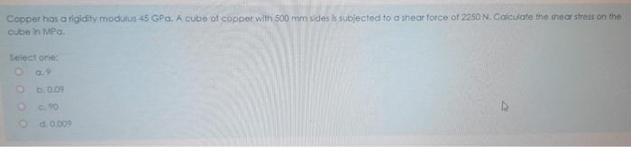 Solved Copper has a rigidity modulus 45 GPa. A cube of | Chegg.com