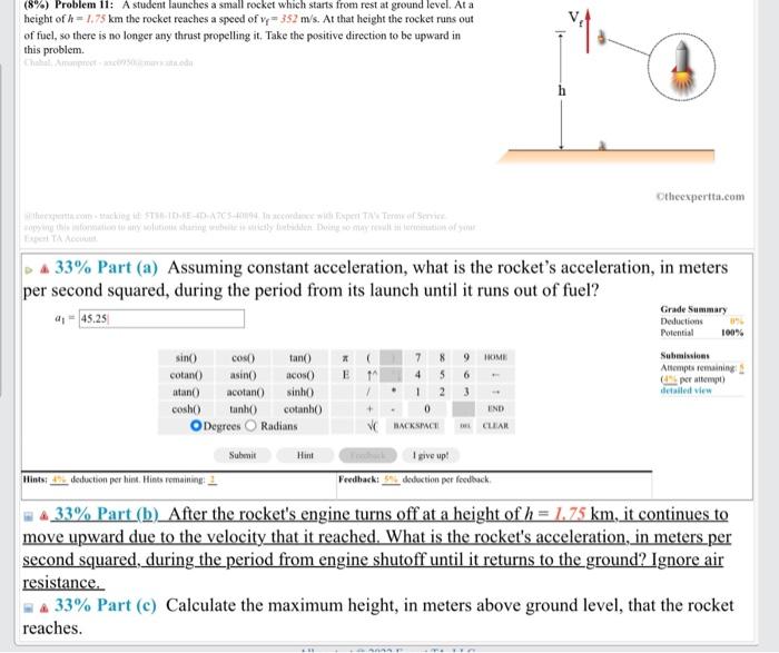 Solved (8%) Problem 11: A student launches a small rocket | Chegg.com