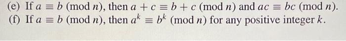 Solved (e) If a≡b(modn), then a+c≡b+c(modn) and ac≡bc(modn). | Chegg.com
