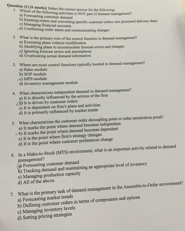 Solved Question (1) [6 ﻿marks] ﻿Select the correct answer | Chegg.com