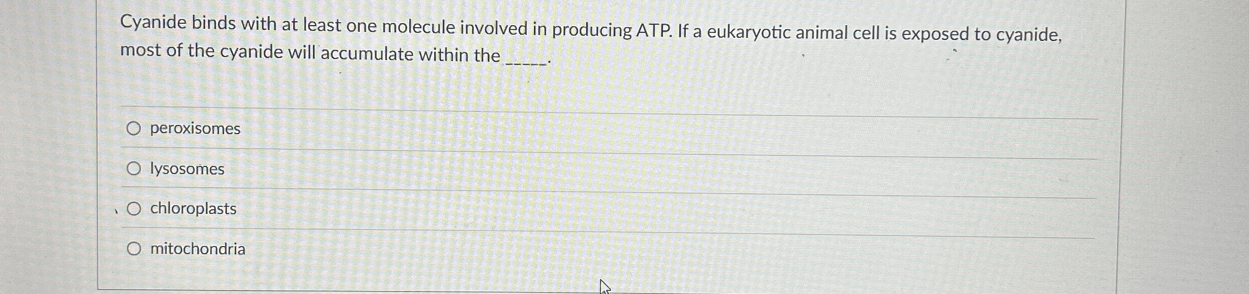 Solved Cyanide binds with at least one molecule involved in | Chegg.com