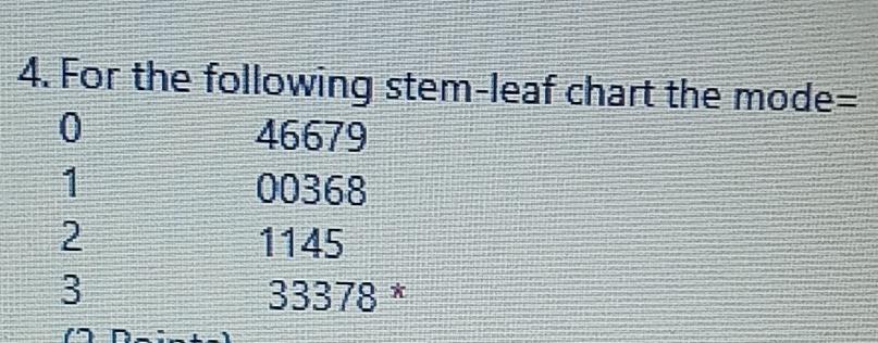 Solved 4. For the following stem-leaf chart the mode= 46679 | Chegg.com