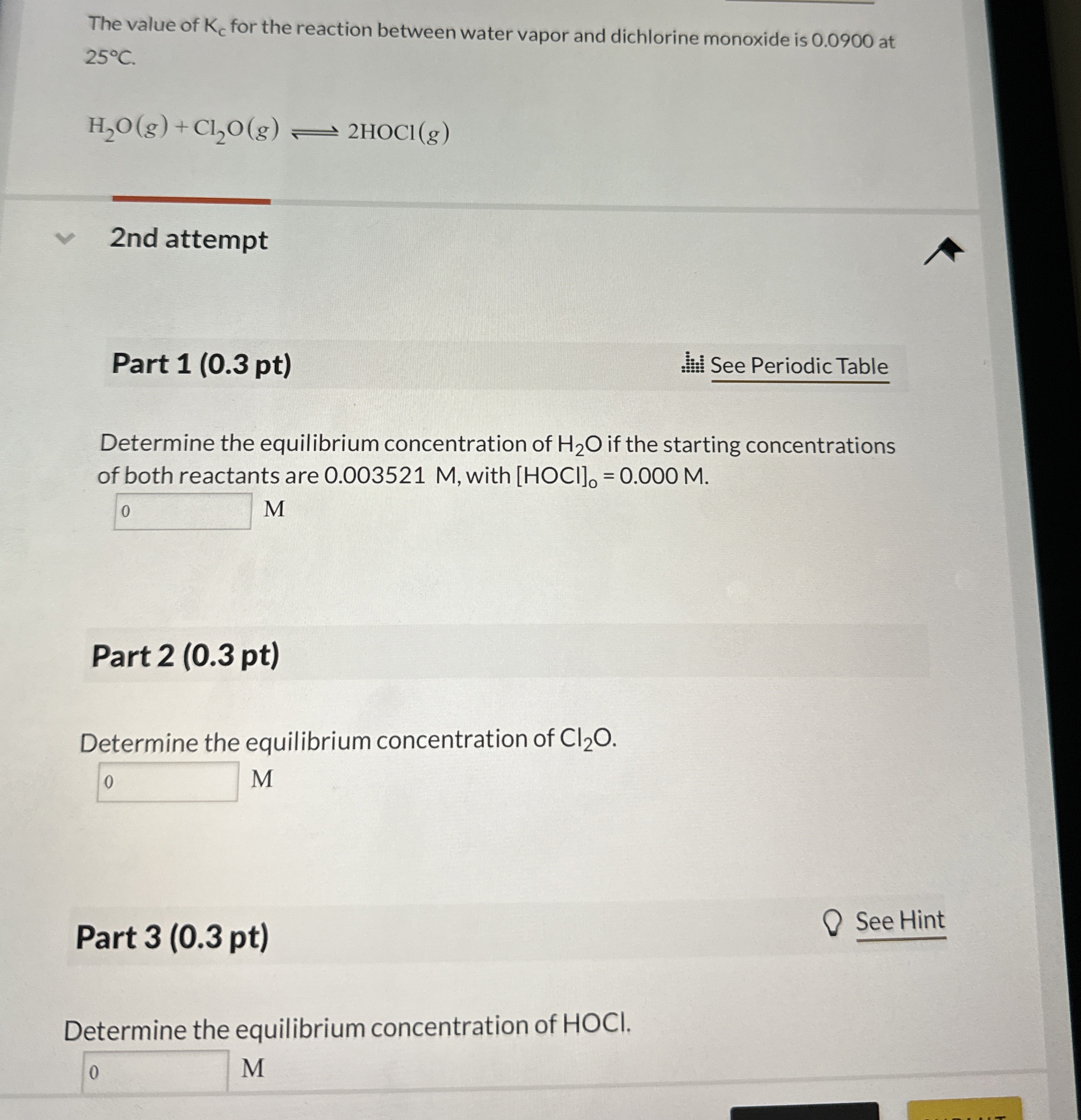 Solved The value of Kc ﻿for the reaction between water vapor | Chegg.com