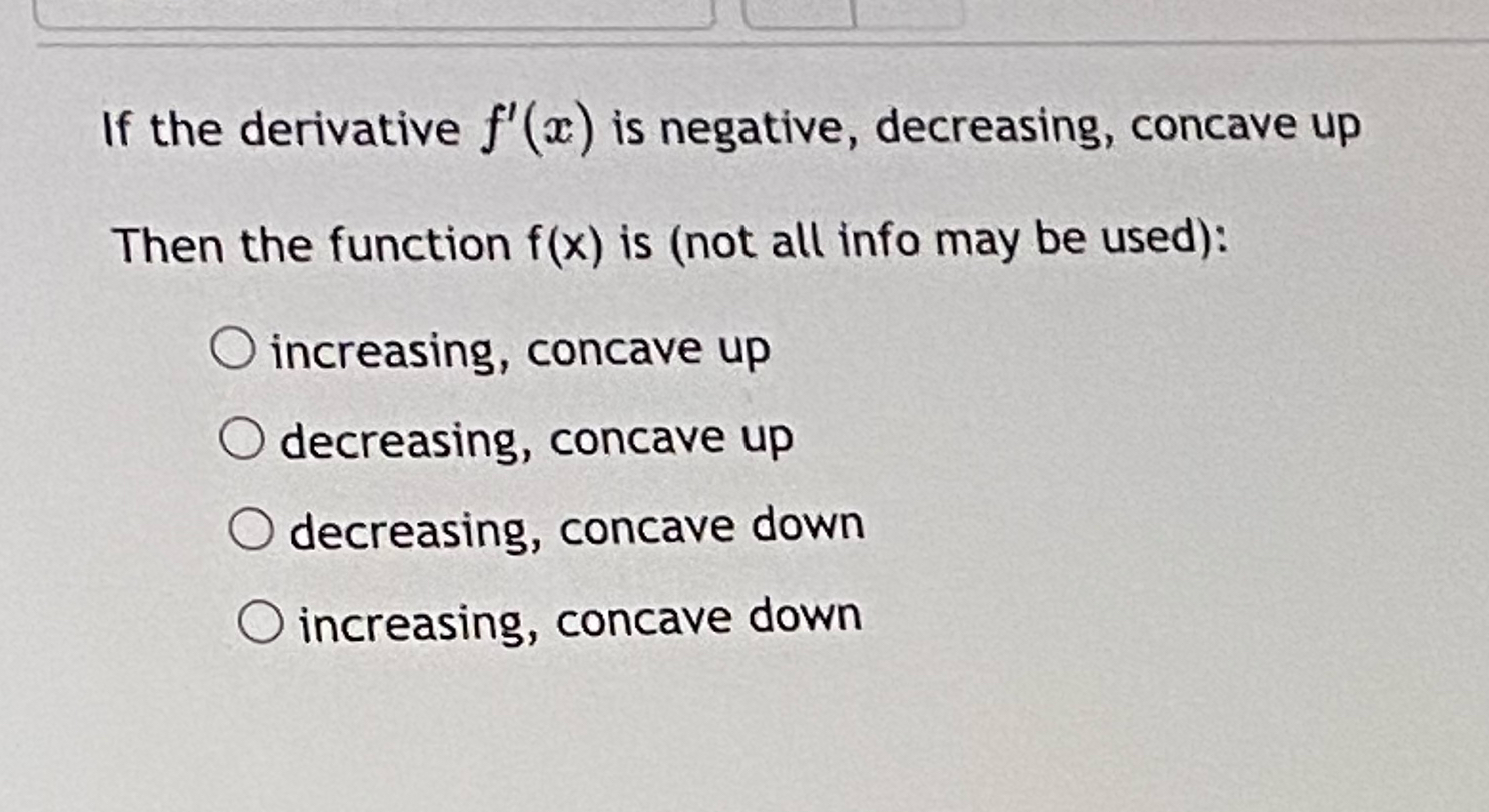 Solved If the derivative f'(x) ﻿is negative, decreasing, | Chegg.com