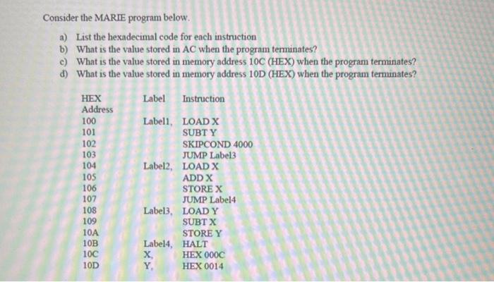 Solved Consider the MARIE program below. a) List the | Chegg.com