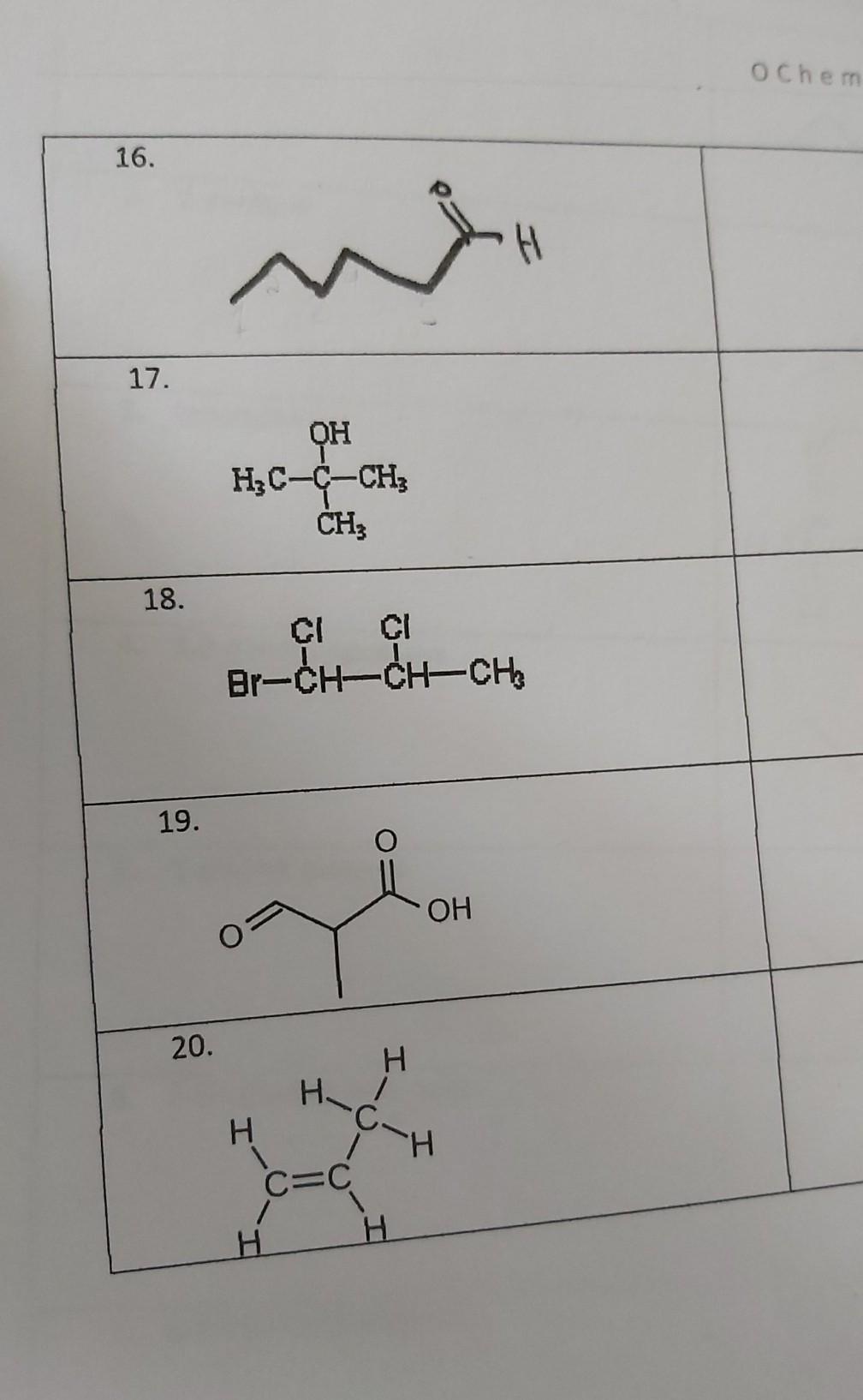 Solved O Chem 16. vi H 17. OH H3C-C-CH3 CH 18. CICI | Chegg.com