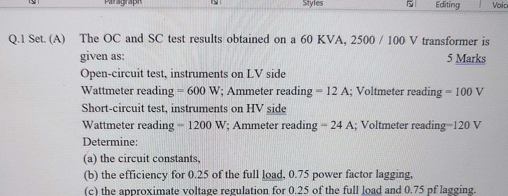 Solved (A) The OC and SC test results obtained on a | Chegg.com