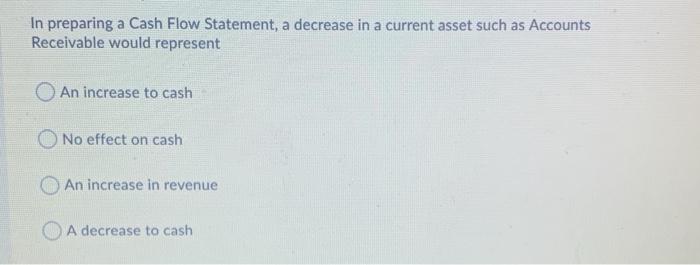 Solved In preparing a Cash Flow Statement, a decrease in a | Chegg.com