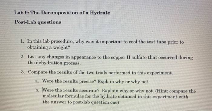 Data Table: Decomposition of a Hydrate Procedural | Chegg.com
