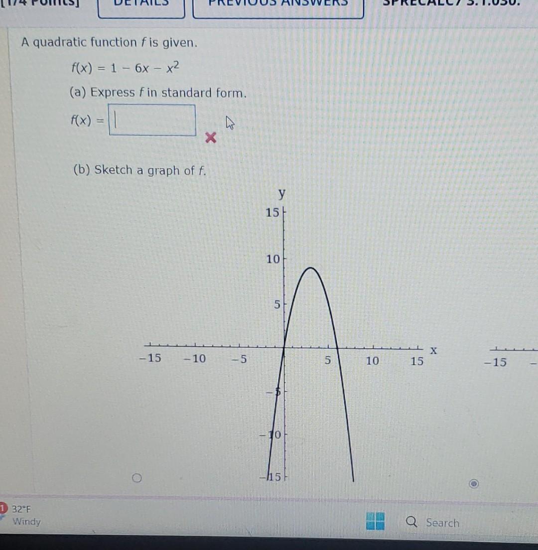 Solved dratic function f is given. f(x)=1−6x−x2 (a) Express | Chegg.com