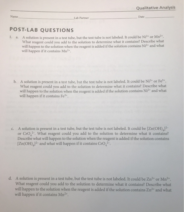 Solved Qualitative Analysis Name Date Lab Partner POST-LAB | Chegg.com