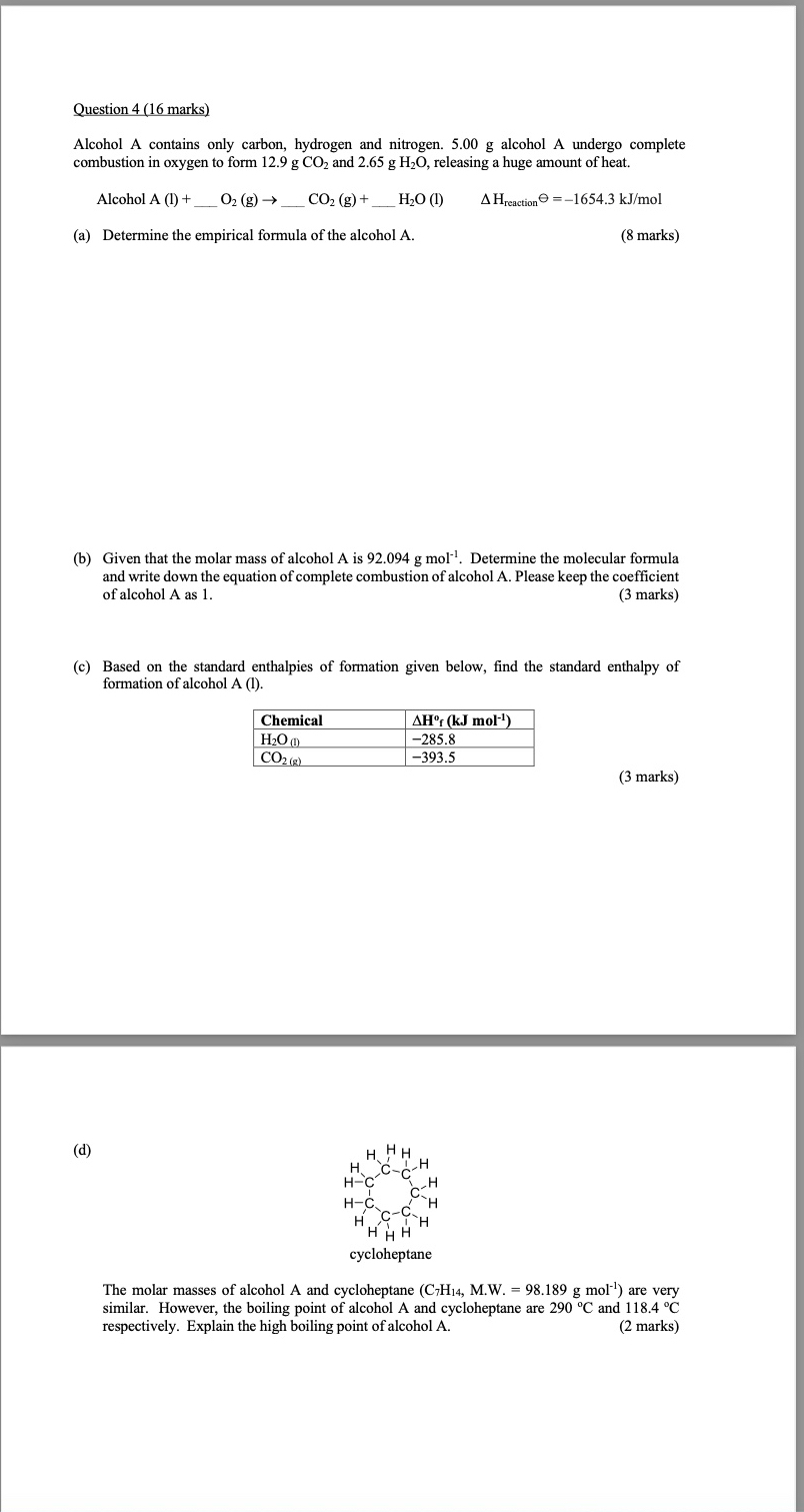 Solved Question 4 16 ﻿marksalcohol A Contains Only Carbon 