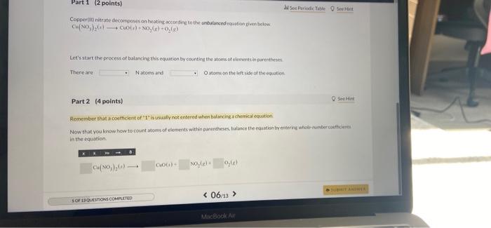 Solved Cu(NO3)2(x)=CuO(r)+HO2(x)+C2(x) Let's start the | Chegg.com