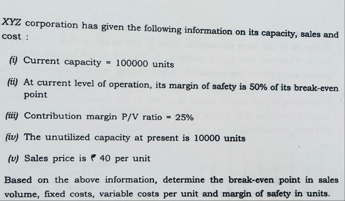 Solved XYZ corporation has given the following information | Chegg.com