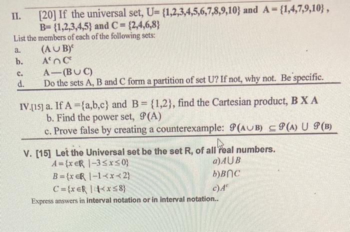 Solved I. [20] If the universal set, | Chegg.com