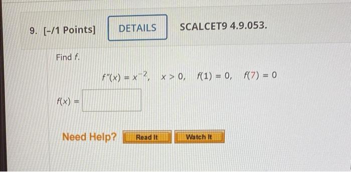 Solved /1 Points] SCALCET9 4.9.053. Find f. | Chegg.com