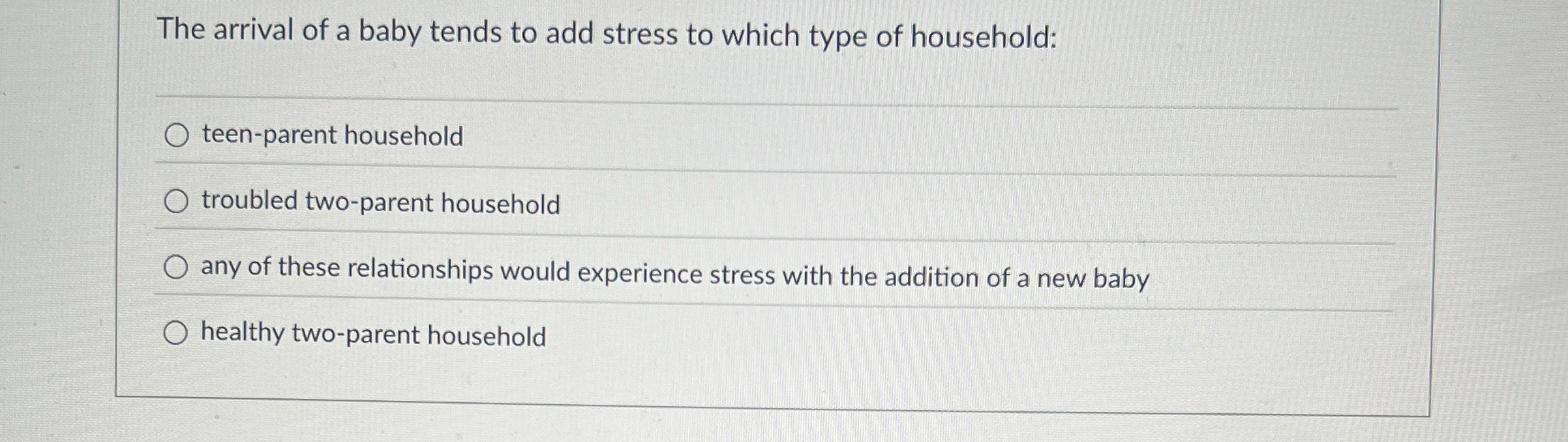 Solved The arrival of a baby tends to add stress to which | Chegg.com