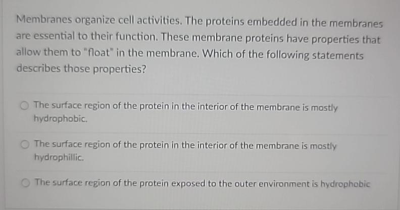 Solved Membranes organize cell activities. The proteins | Chegg.com