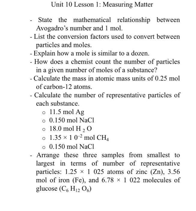Solved Unit 10 Lesson 1: Measuring Matter State the | Chegg.com