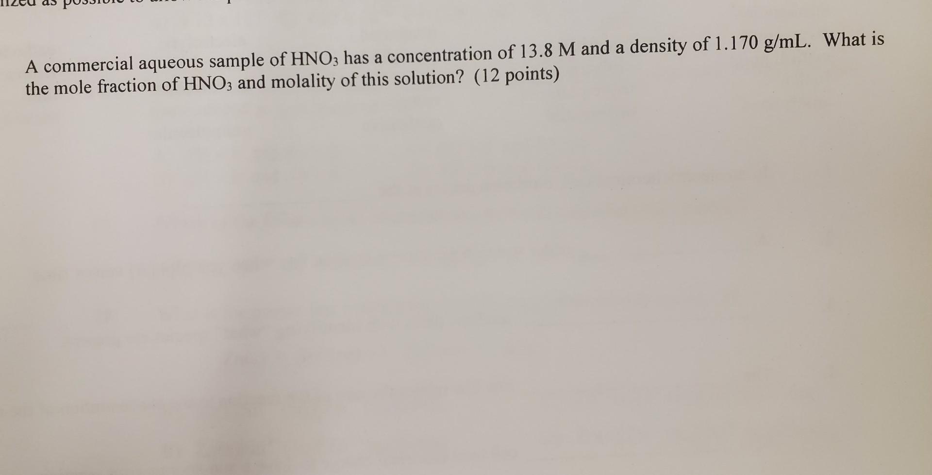 Solved A commercial aqueous sample of HNO3 has a | Chegg.com