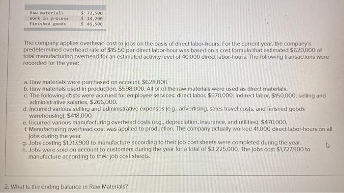 Solved Raw materials Work in process Finished goods $ 72,500 | Chegg.com