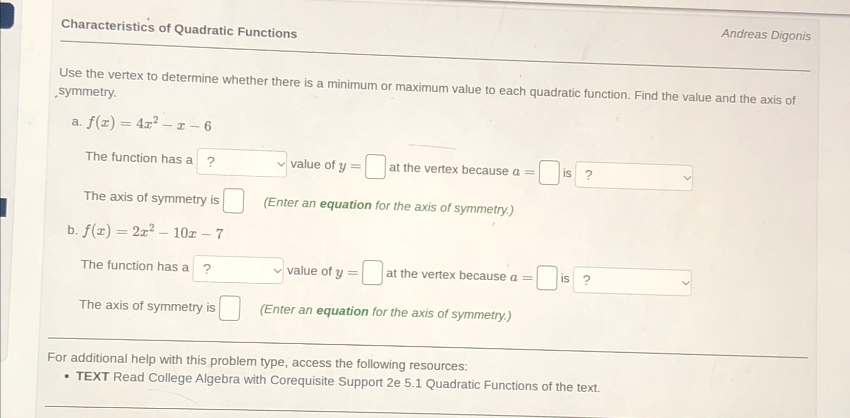 Solved Characteristics of Quadratic FunctionUse the vertex | Chegg.com
