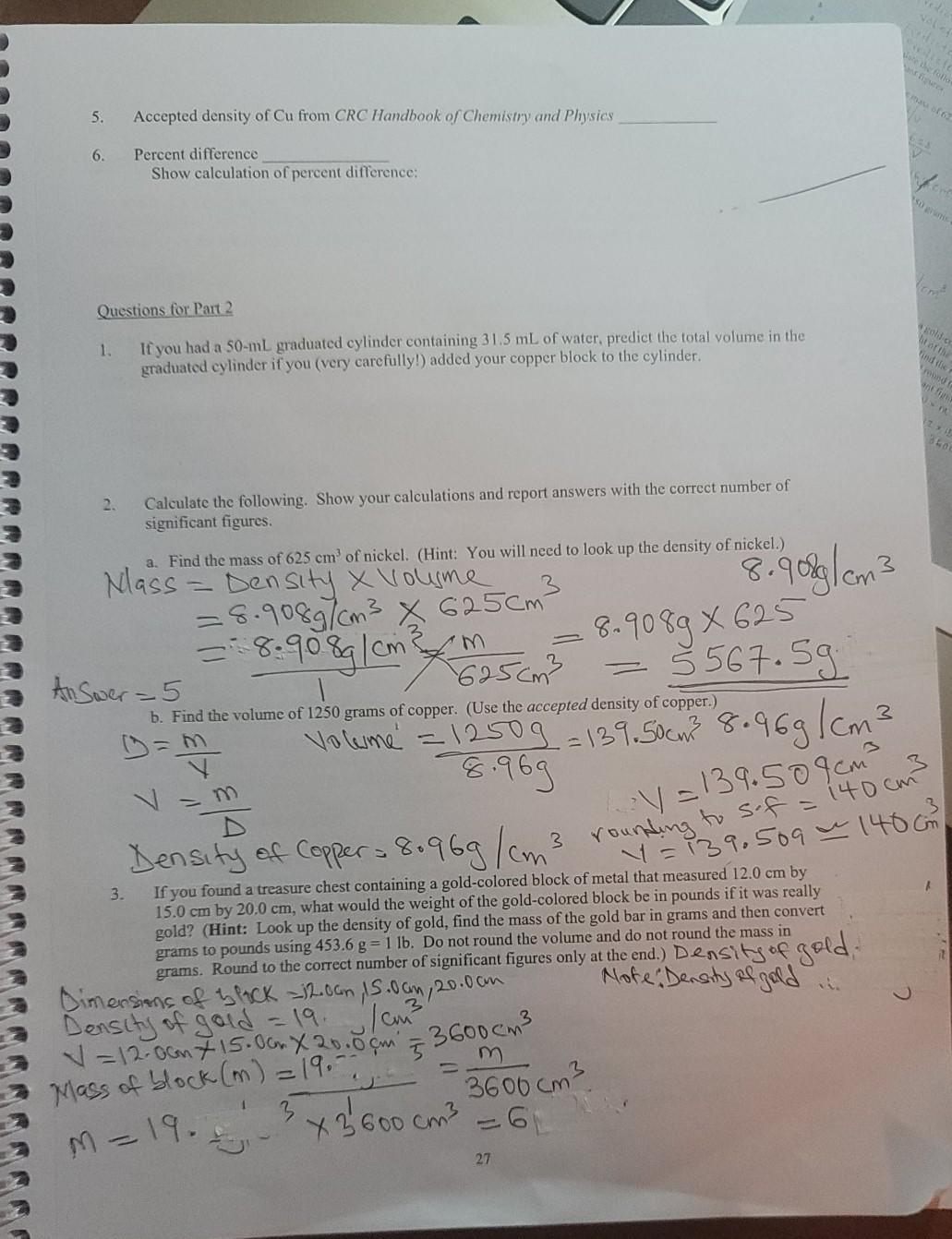 Solved tet 5. Accepted density of Cu from CRC Handbook of | Chegg.com