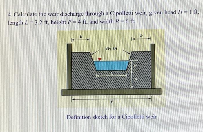 Solved 4. Calculate the weir discharge through a Cipolletti | Chegg.com