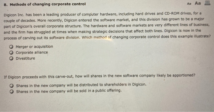 Solved 8. Methods of changing corporate control Aa Aa | Chegg.com