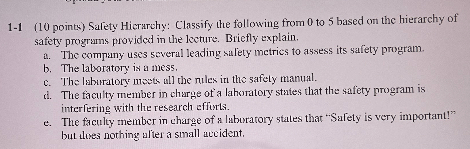 Solved 1-1 (10 ﻿points) ﻿Safety Hierarchy: Classify the | Chegg.com