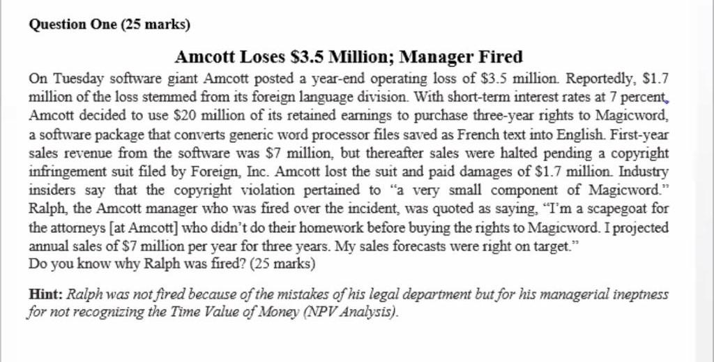 Solved Amcott Loses \$3.5 Million; Manager Fired On Tuesday | Chegg.com