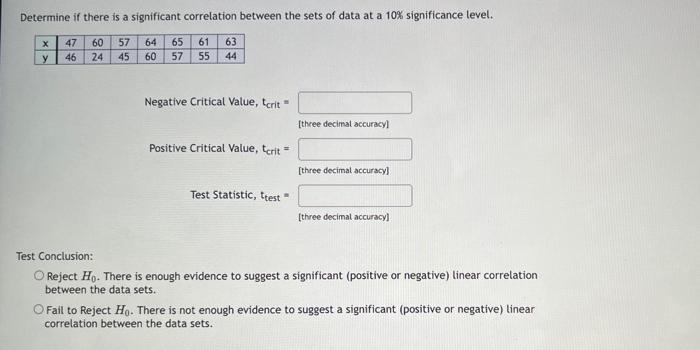 Solved Determine if there is a significant correlation | Chegg.com