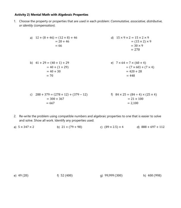 Solved Activity 2) Mental Math with Algebraic Properties 1. | Chegg.com