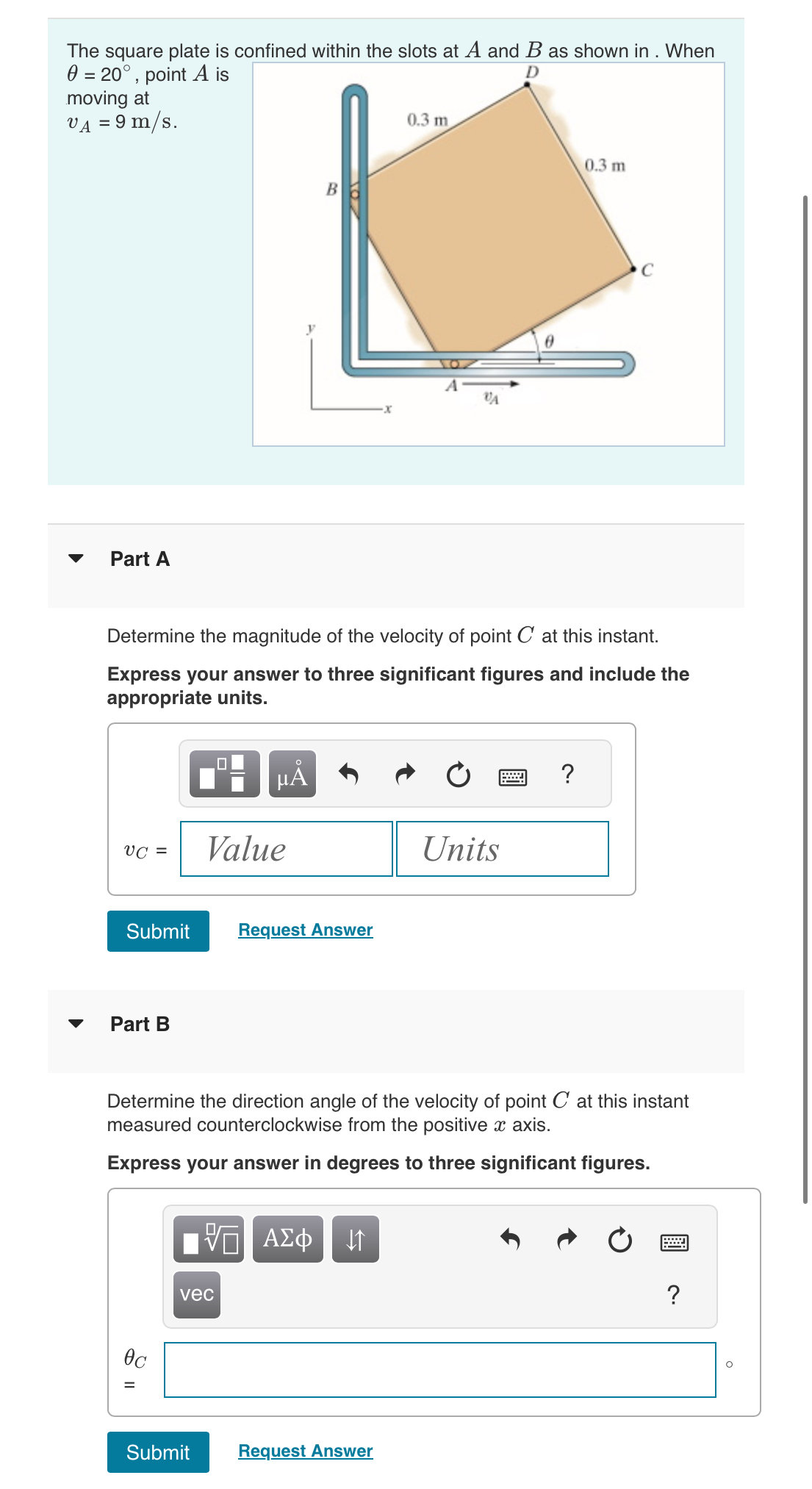 Solved The square plate is confined within the slots at A | Chegg.com