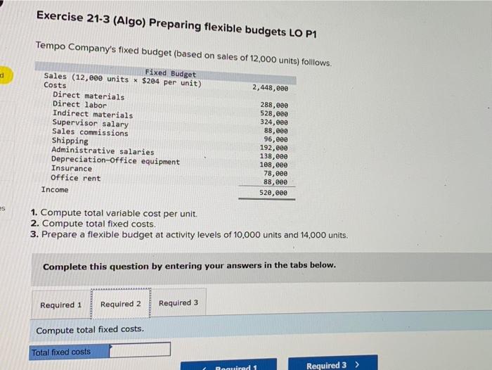 Solved Exercise 21-3 (Algo) Preparing flexible budgets LO P1 | Chegg.com