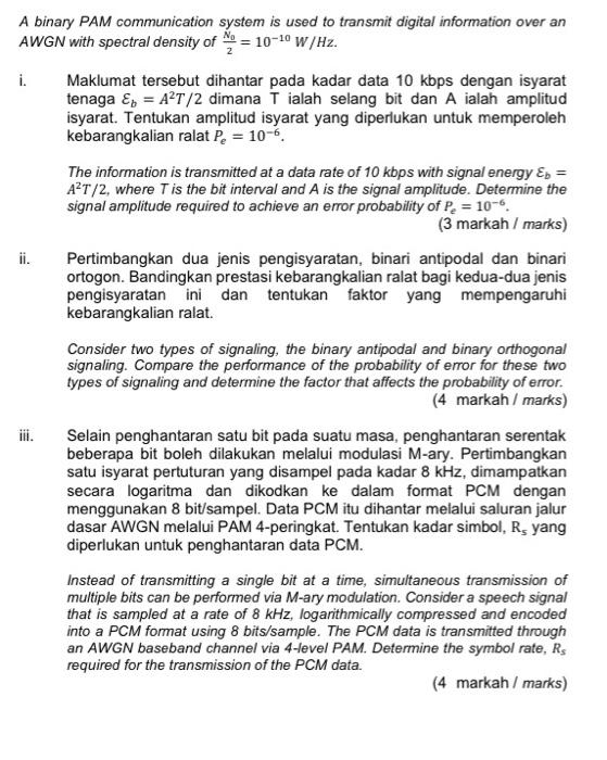 A binary PAM communication system is used to transmit | Chegg.com