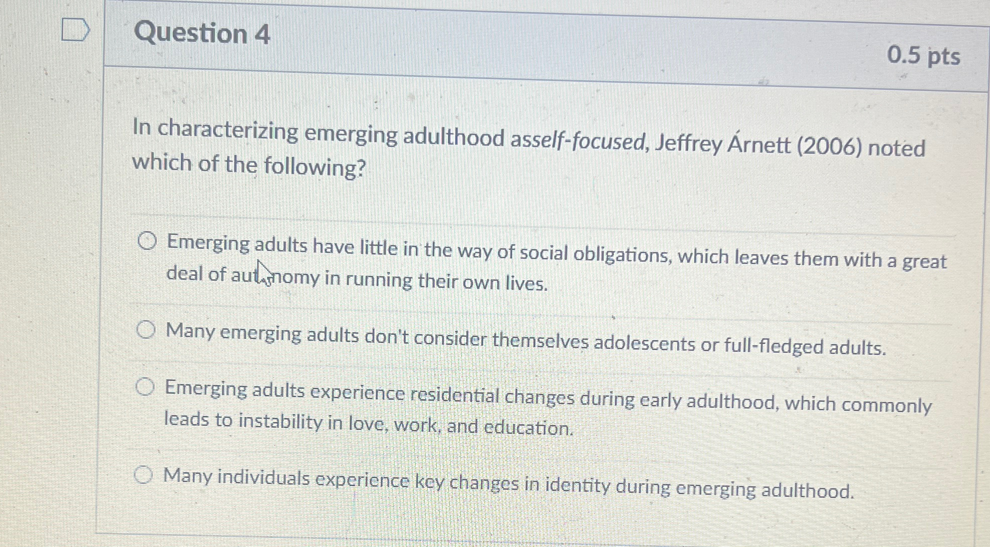 Solved Question 40.5ptsIn characterizing emerging adulthood | Chegg.com