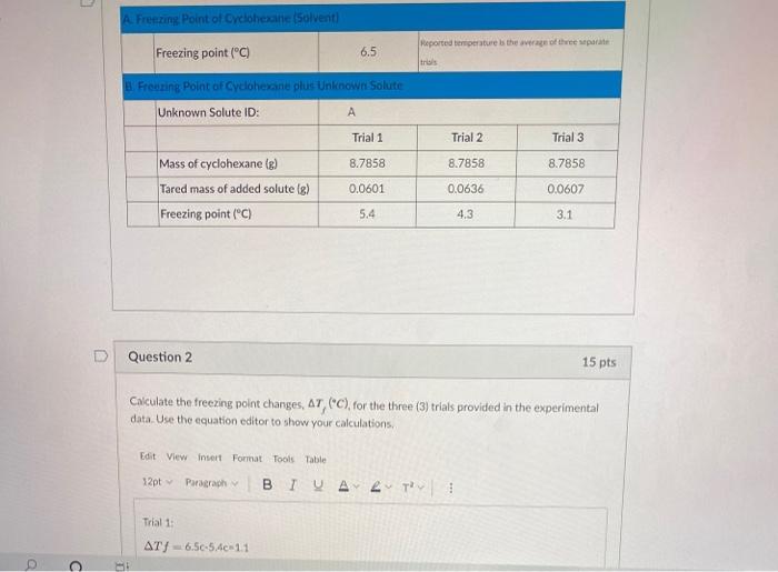 Solved A Freezing Point of Cyclohexane (Solvent Freezing | Chegg.com