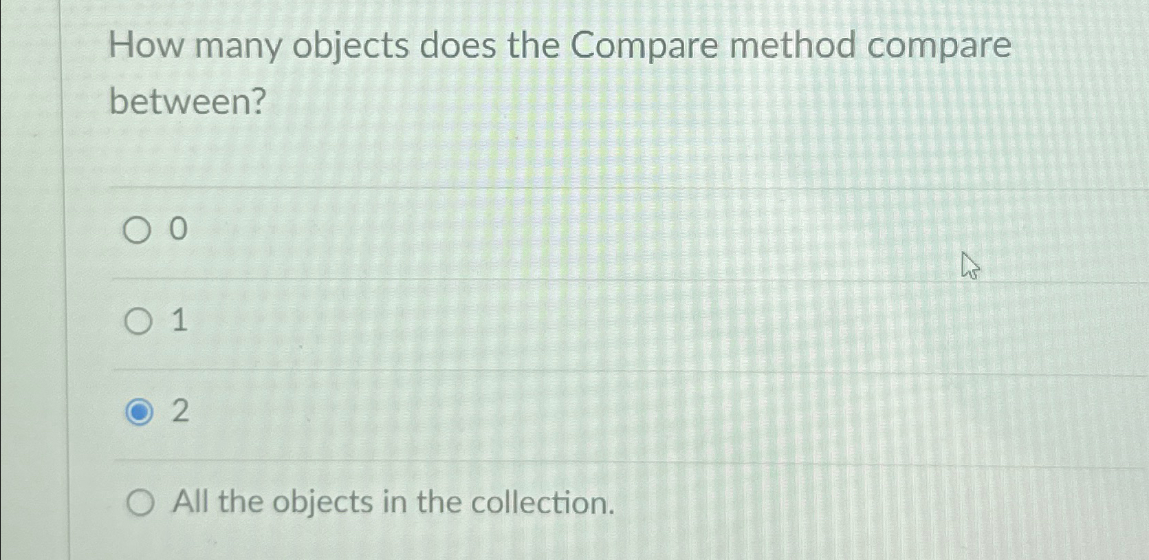 Solved How many objects does the Compare method compare | Chegg.com
