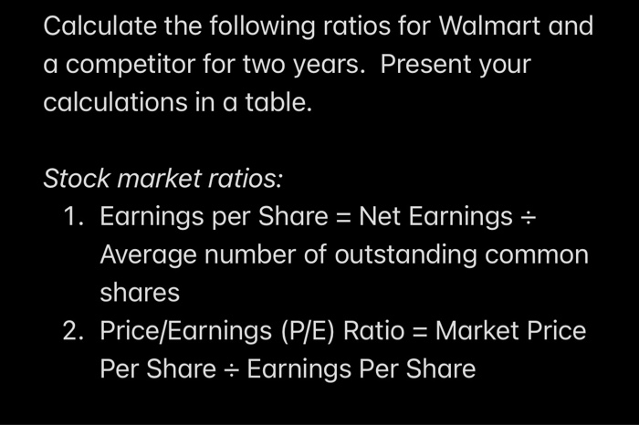 Solved Calculate the following ratios for Walmart and a | Chegg.com