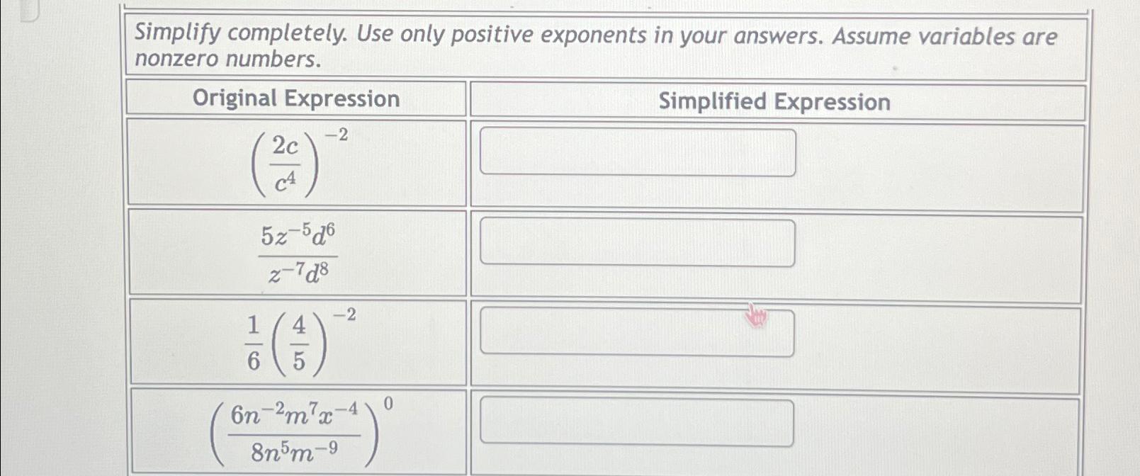 Solved Simplify completely. Use only positive exponents in | Chegg.com