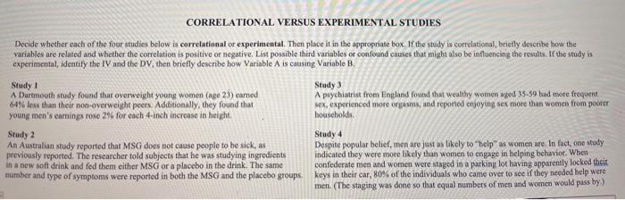 Solved CORRELATIONAL VERSUS EXPERIMENTAL STUDIES Decide | Chegg.com