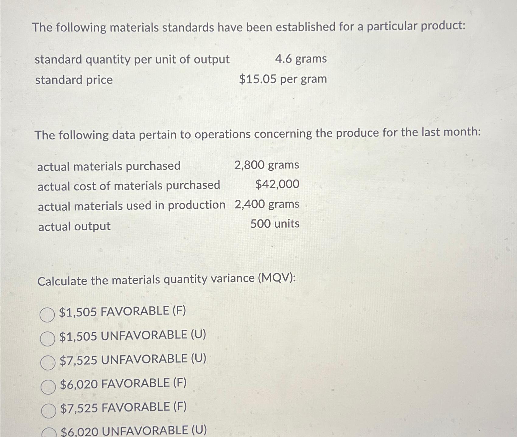 Solved The following materials standards have been | Chegg.com