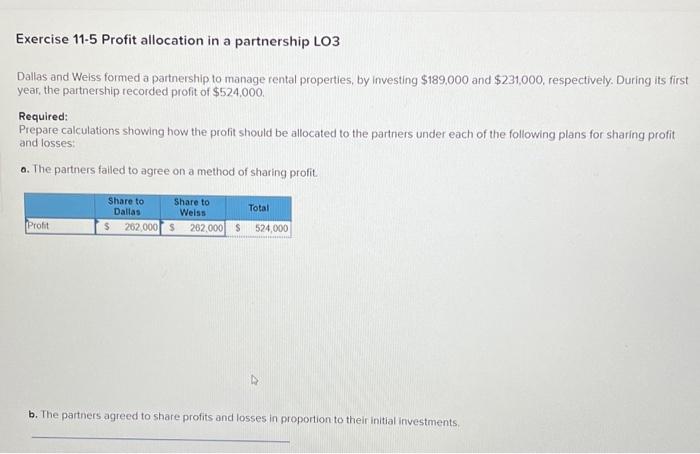 Solved Exercise 11-5 Profit allocation in a partnership LO3 | Chegg.com