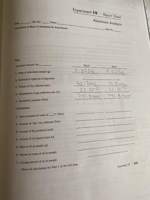 Solved Experiment 19 Report Sheet Aluminum Analysis lab Sec | Chegg.com