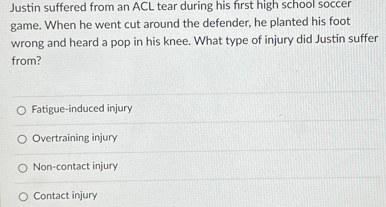 Solved Justin suffered from an ACL tear during his first | Chegg.com