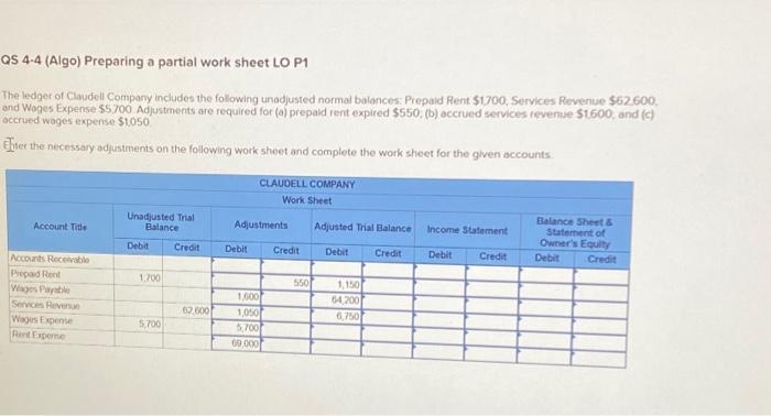 Solved QS 4-4 (Algo) Preparing a partial work sheet LO P1 | Chegg.com