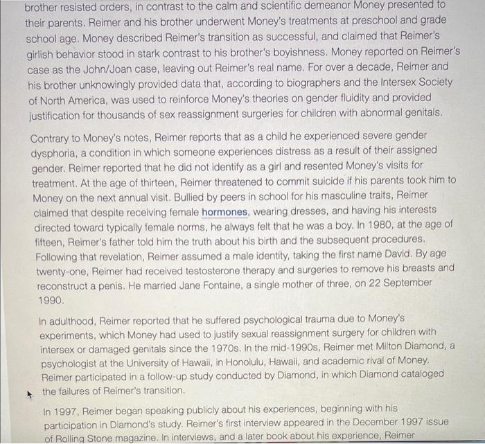 Solved In the mid-1960s, psychologist John Money encouraged | Chegg.com