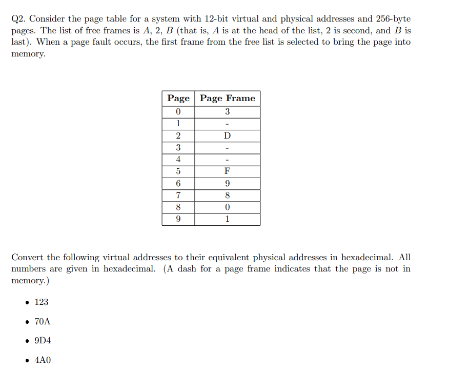 Solved Q2. ﻿Consider the page table for a system with 12-bit | Chegg.com